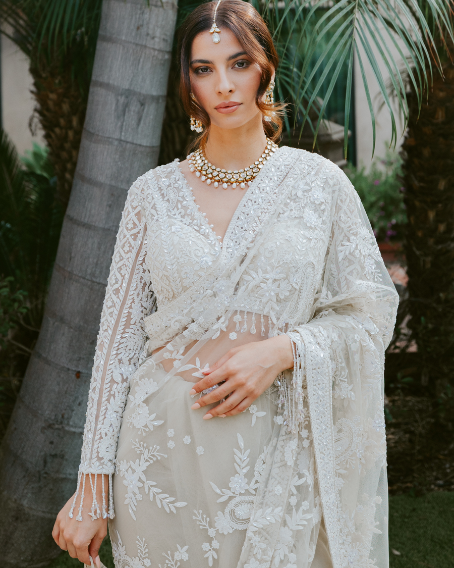 Ivory Long Sleeve Full Embroidery Sari | Seema Gujral – KYNAH