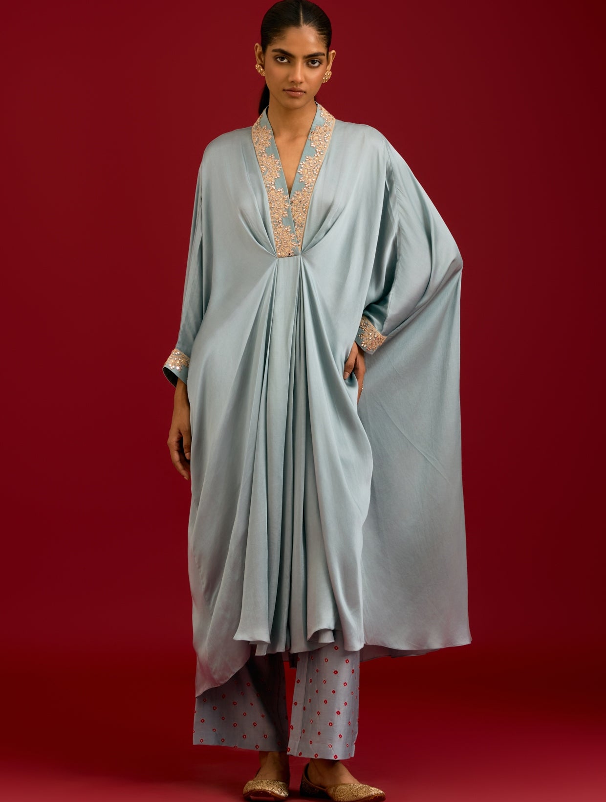 Slate Blue Modal Satin Sequins, Mirror And Dori Embroidered Kaftan Set ...