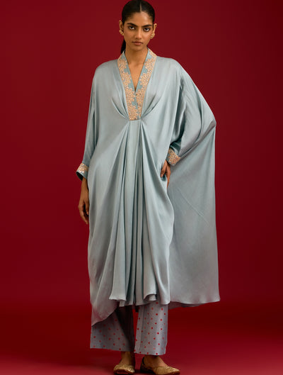 Slate Blue Modal Satin Sequins, Mirror And Dori Embroidered Kaftan Set ...