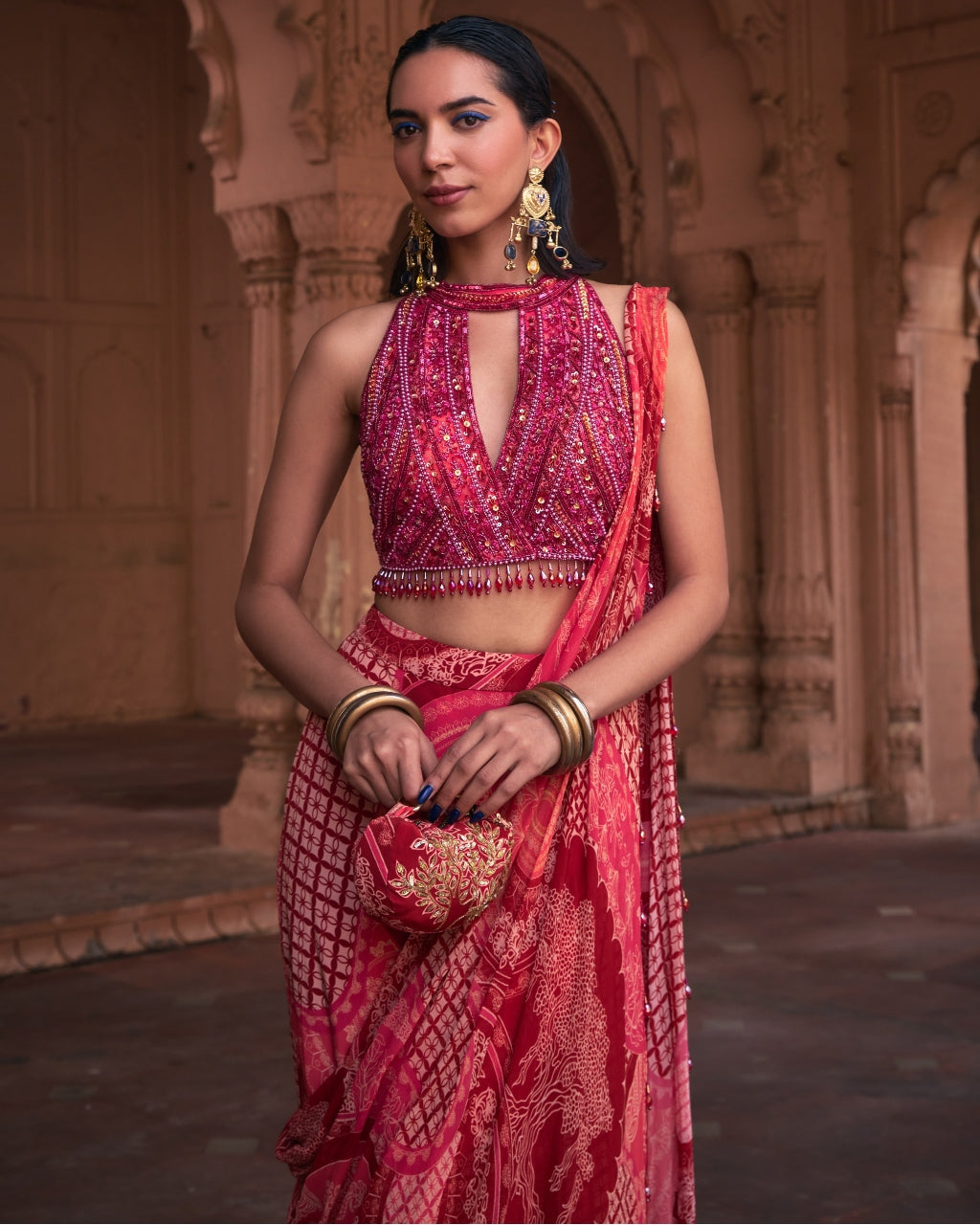 Maroon Thikri Highlighted Slit Sari Set | Diya Rajvvir – KYNAH