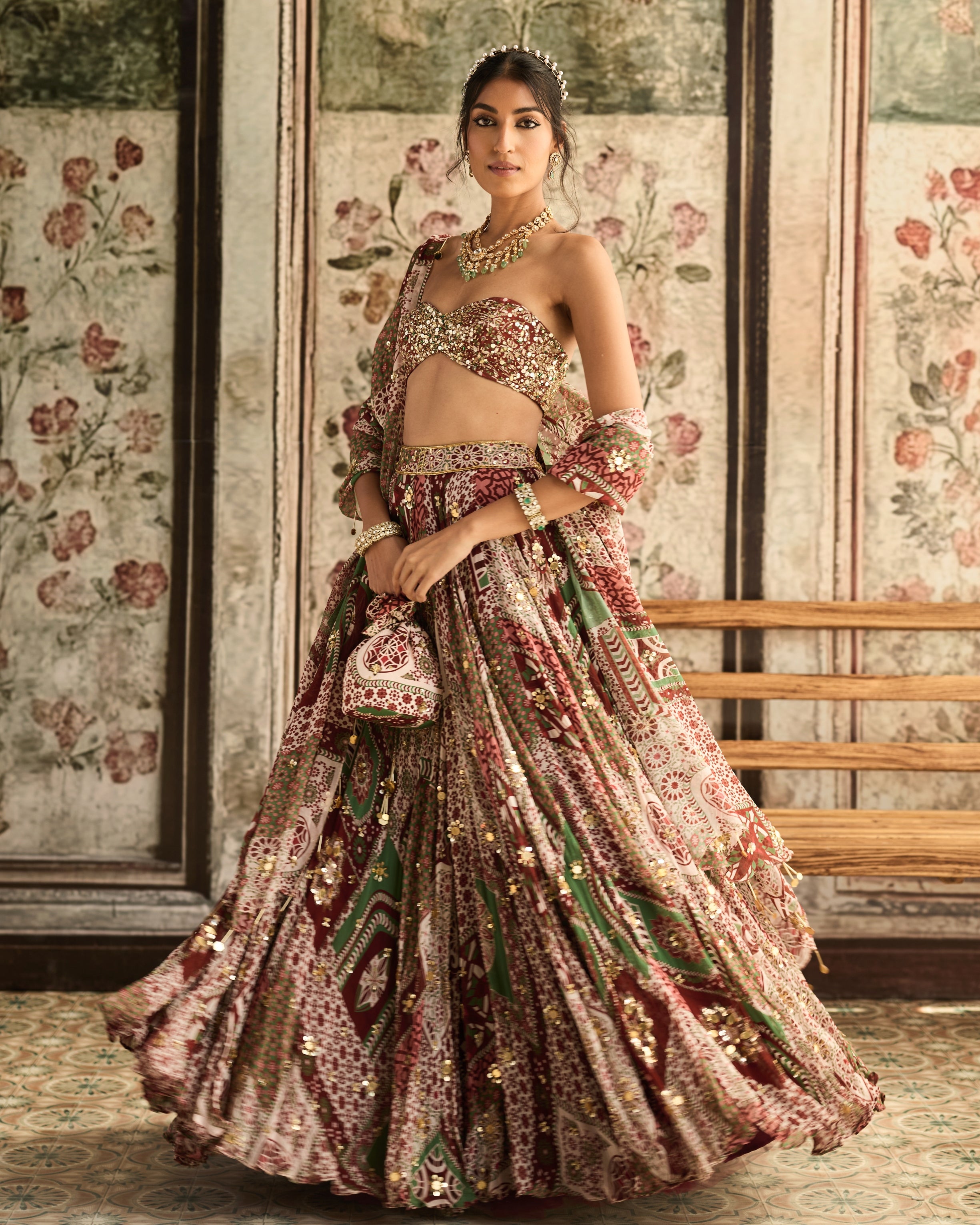 Sage-Maroon Print And Highlighted Strapless Blouse With Lehenga Set ...