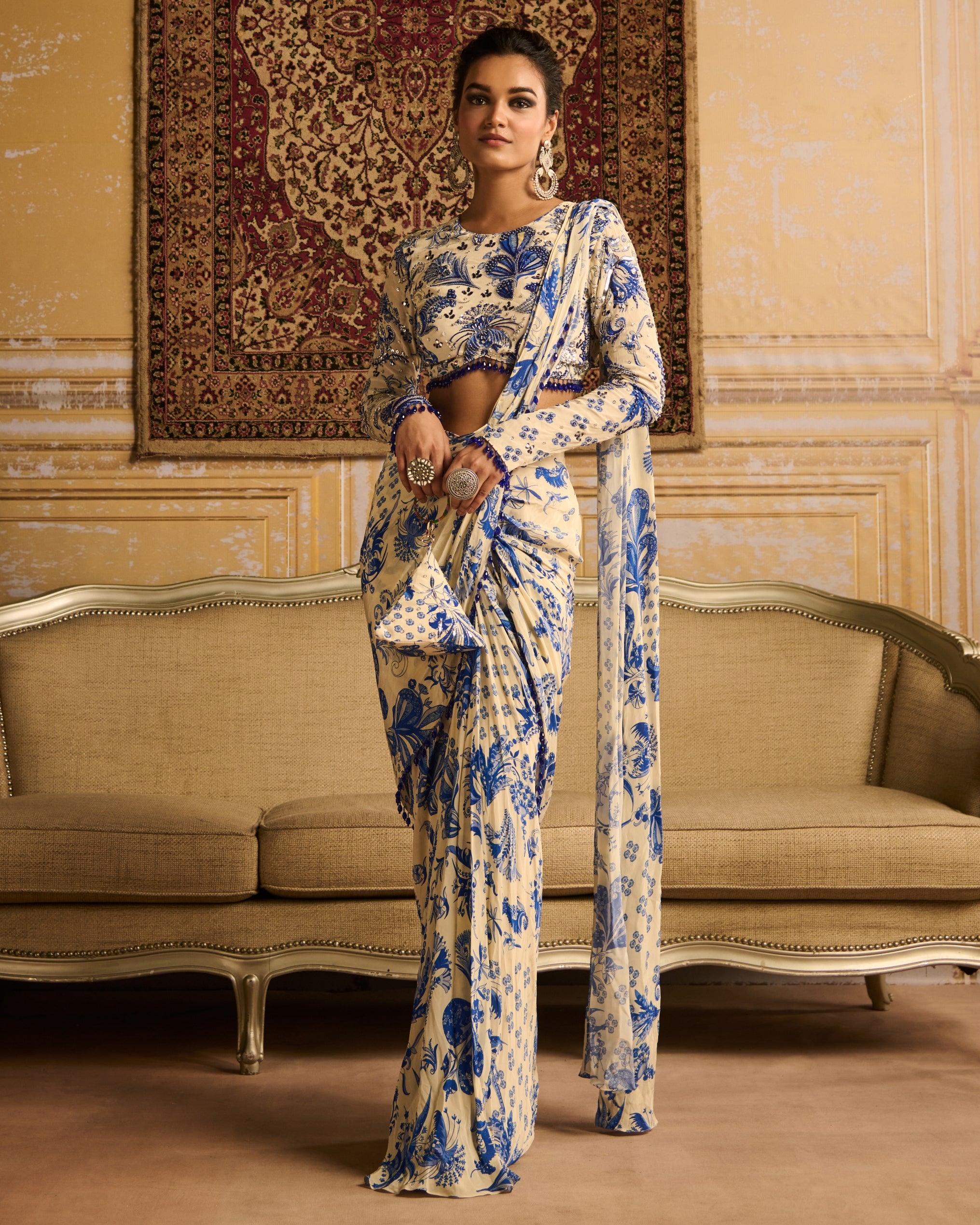 Blue Highlighted Blouse And Dhoti Sari Set | Diya Rajvvir – KYNAH