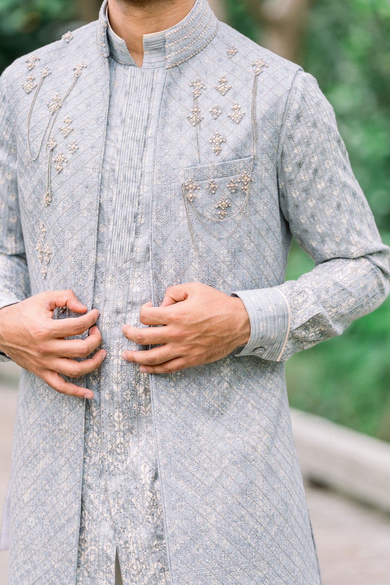 Beige Pink Thread Embroidery Sherwani Set | Shantanu Nikhil – KYNAH