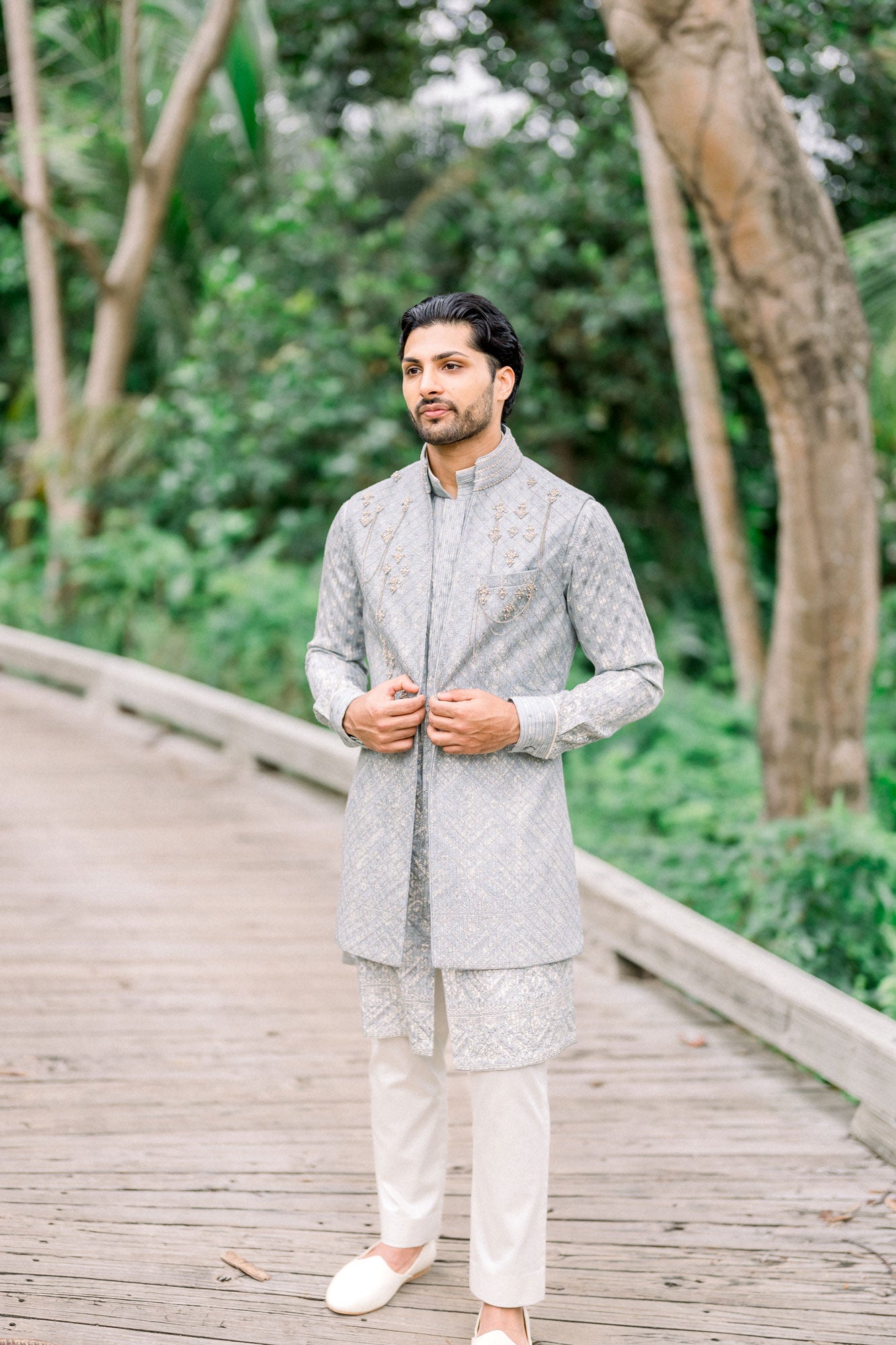 Beige Pink Thread Embroidery Sherwani Set | Shantanu Nikhil – KYNAH