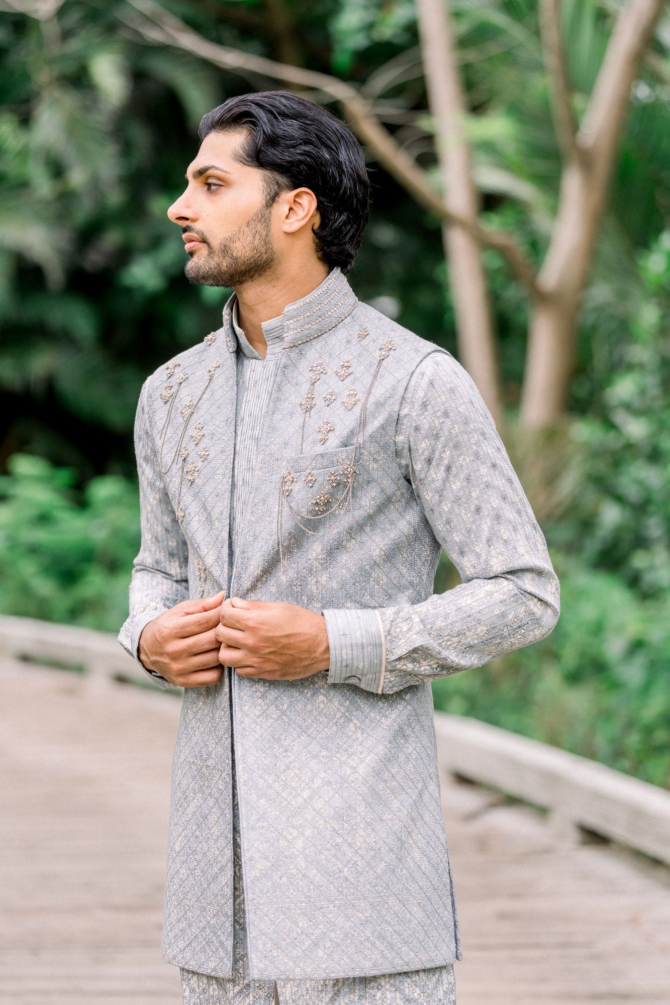 Beige Pink Thread Embroidery Sherwani Set | Shantanu Nikhil – KYNAH