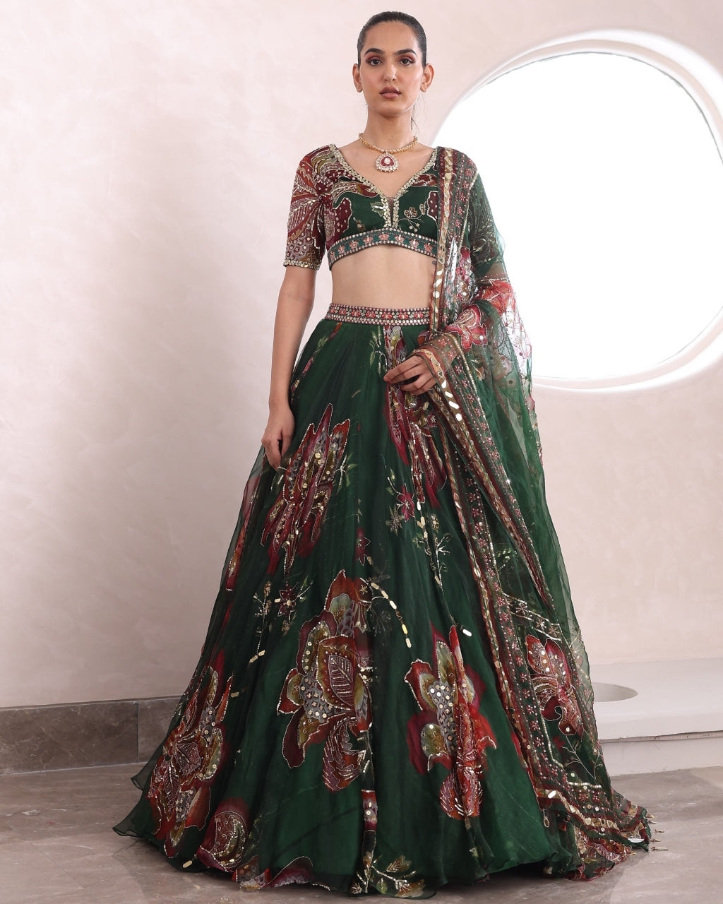 Emerald Green Printed Embroidered Lehenga Set | Mahima Mahajan – KYNAH