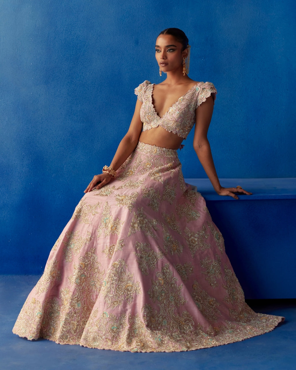 Pastel Pink Tulip Sleeve Embroidered Lehenga Set | Mrunalini Rao – KYNAH