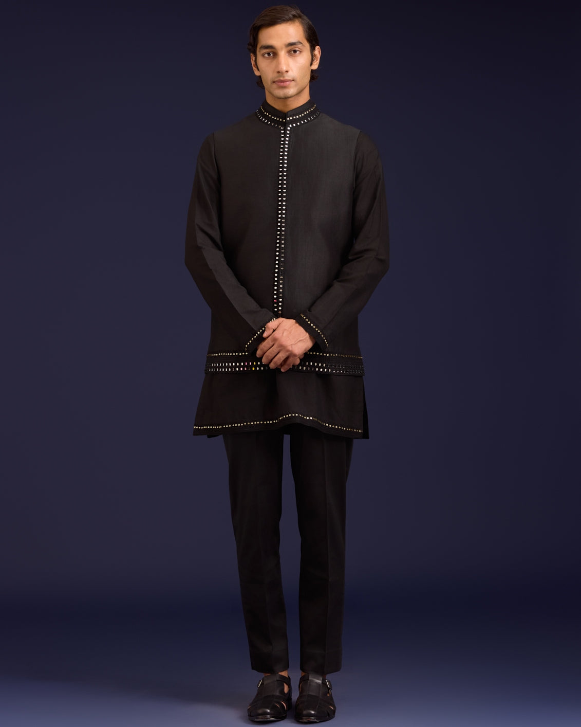 Black Linen Satin And Cotton Silk Blend Mirror Work Bandi Set ...