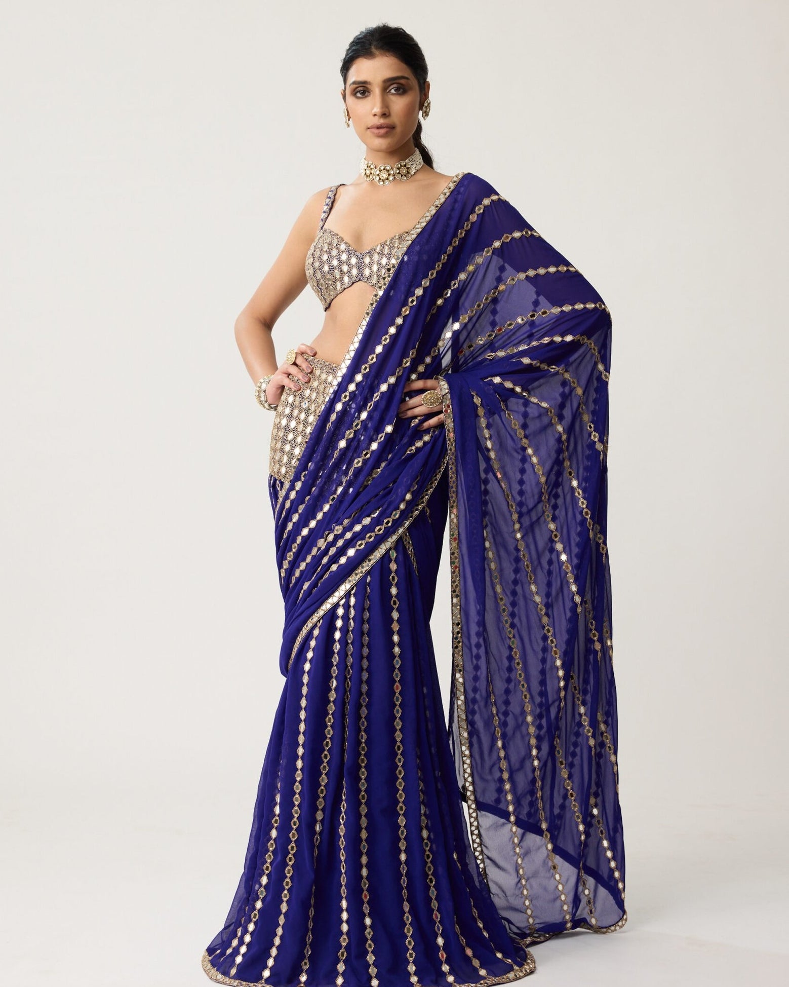 Persian Blue Fitted Linear Mirror Sari Set | VVani by Vani Vats – KYNAH