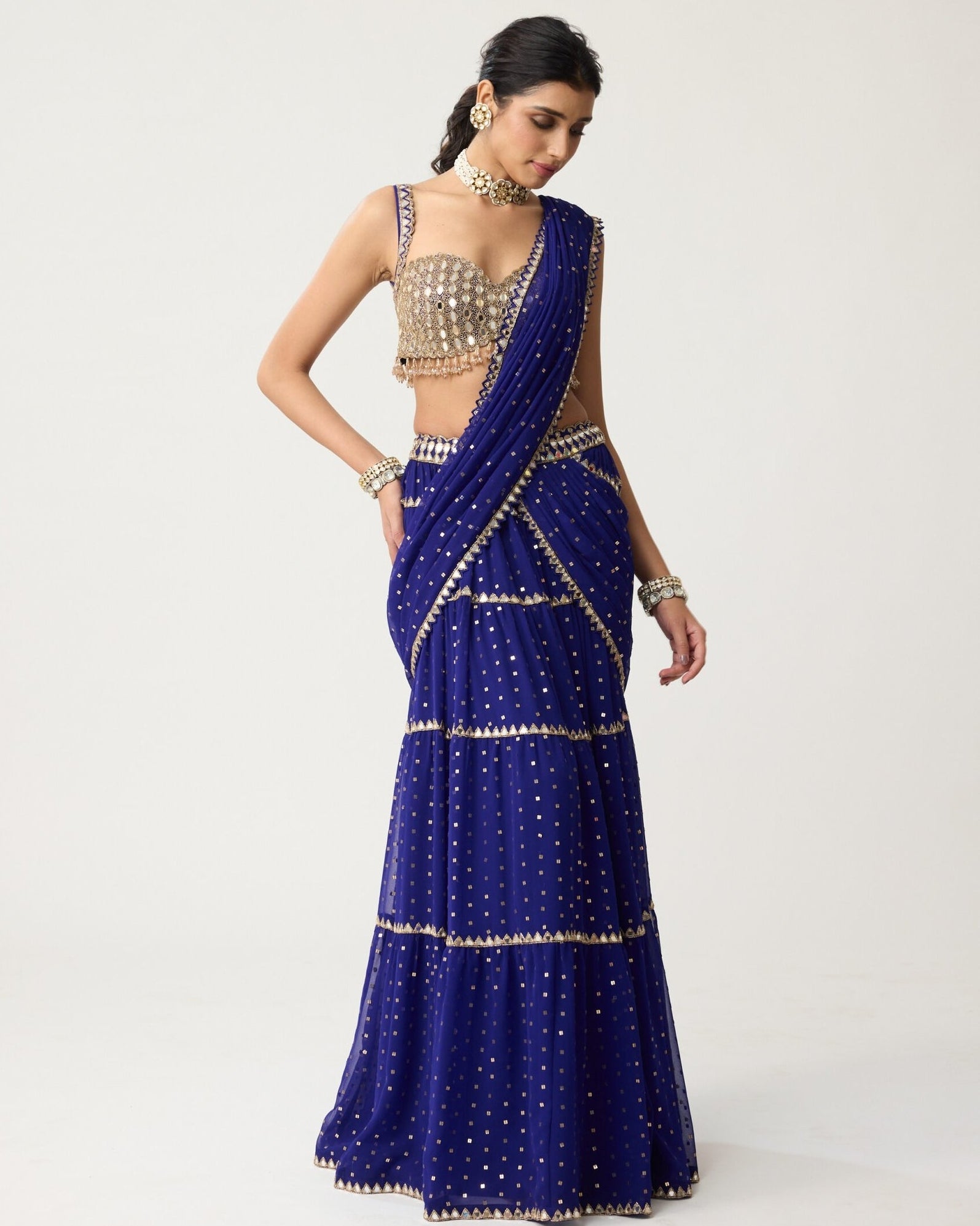 Persian Blue Multi-Tier Mirror Sari Set | VVani by Vani Vats – KYNAH