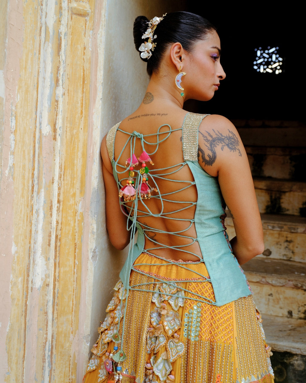 Blue Corset & Mustard Lehenga Set | AUM Ashima & Asit – KYNAH