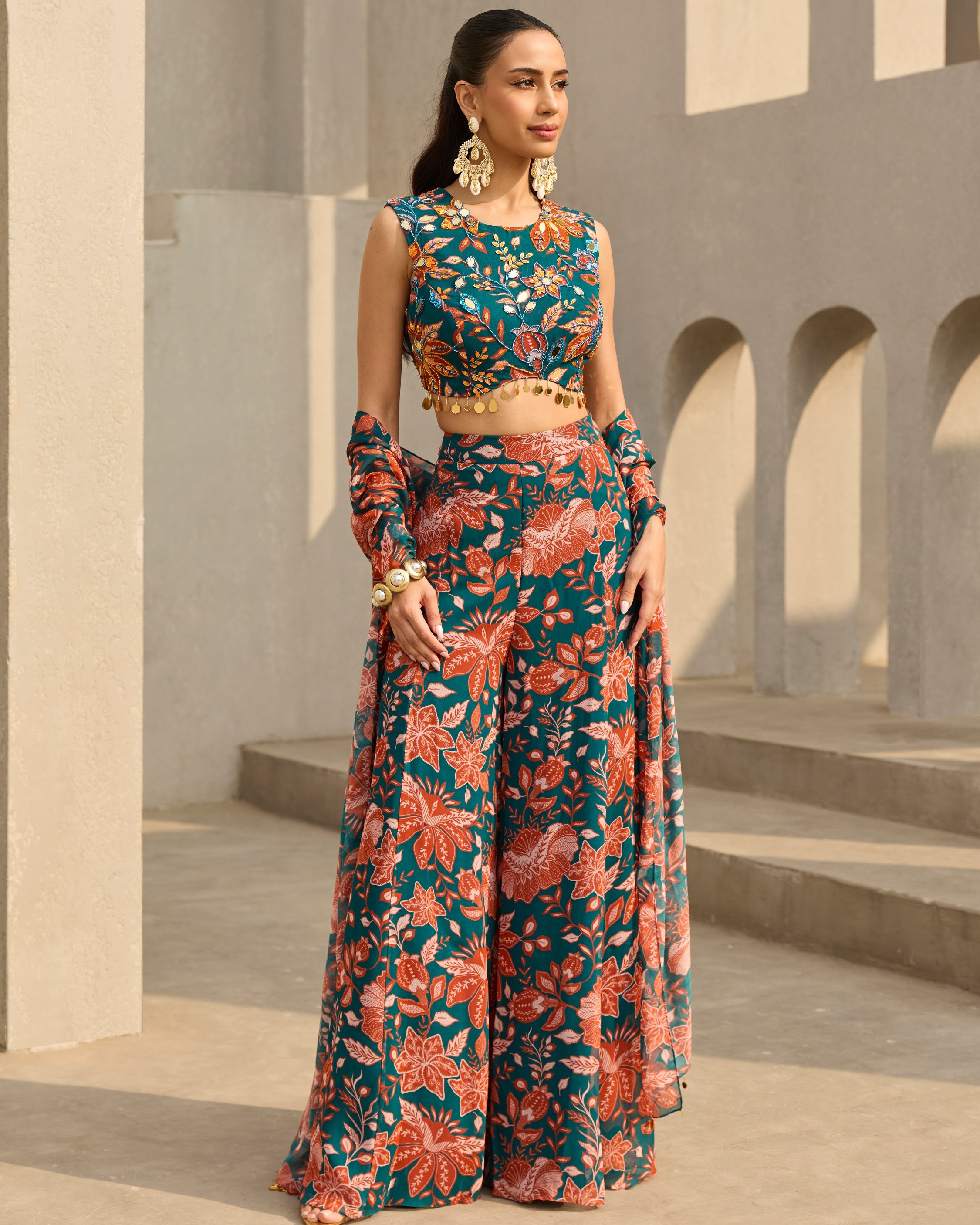 Teal & Rust Floral Printed Sharara Set | DiyaRajvvir – KYNAH