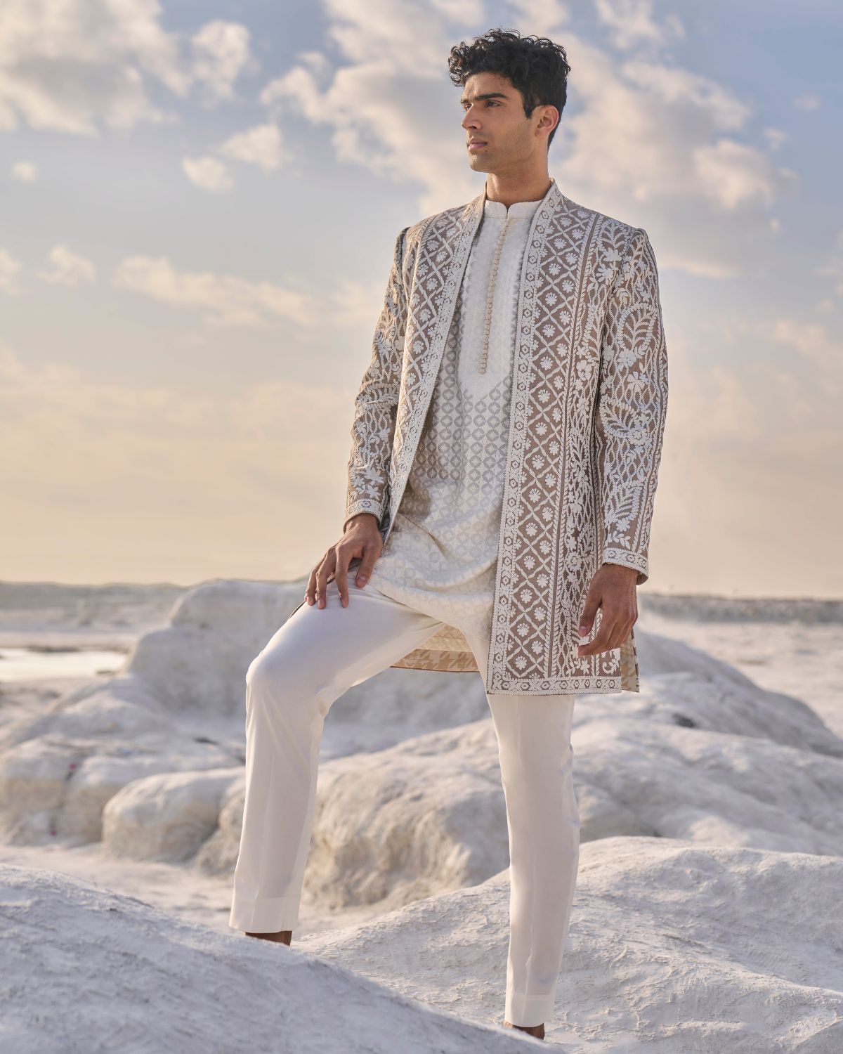 Nude Cream Open Sherwani Set | Seema Gujral – KYNAH