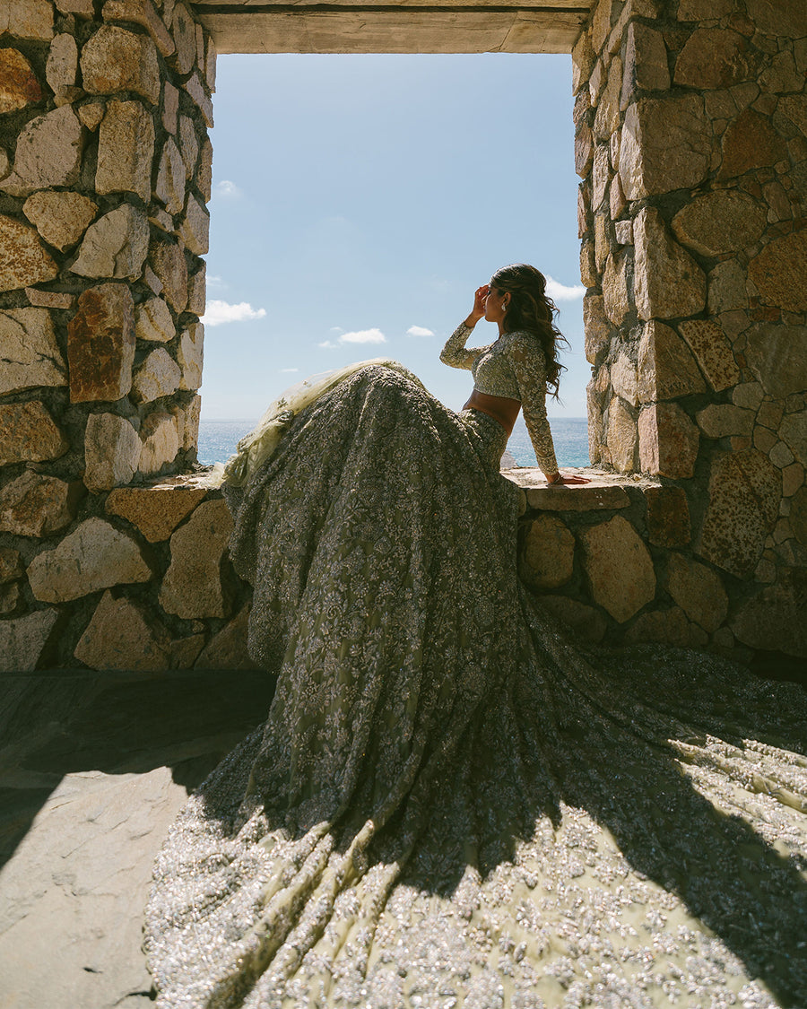 Aisha Rawji Moss Green Sequin Bridal Lehenga | Seema Gujral – KYNAH