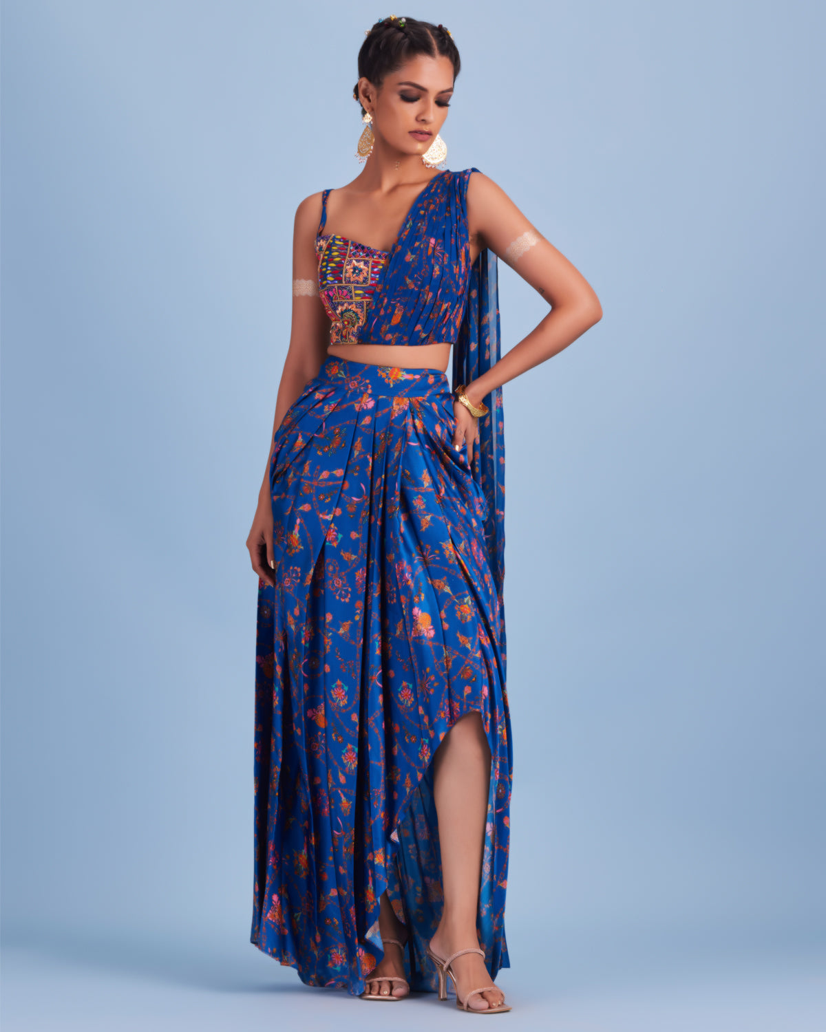Blue Bale Printed Asymmetrical Skirt Set | DiyaRajvvir – KYNAH